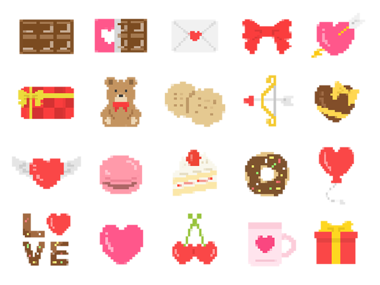A set of free illustrations of various Valentine’s Day pixel art ...