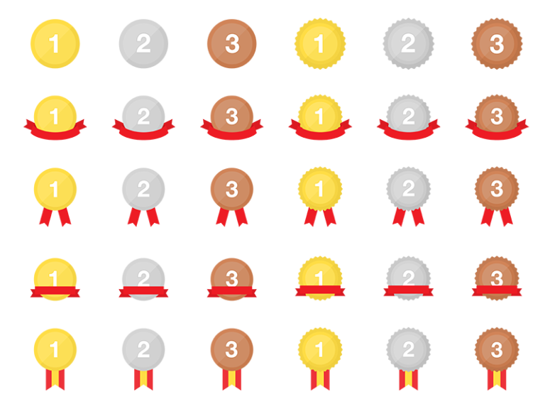 A free illustration set of various types of gold, silver, and bronze ...