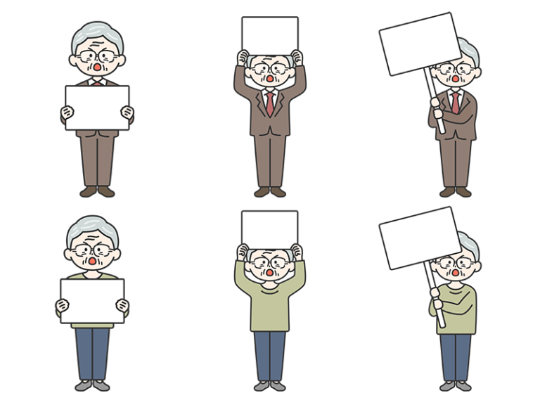 Free illustration set of an elderly man (line drawing) holding a ...